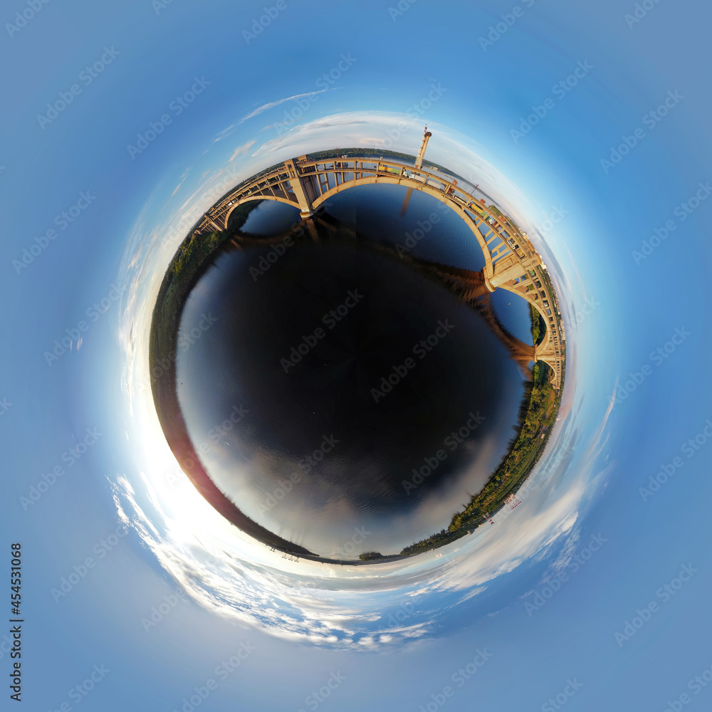 360 panorama of Preobrazhensky Bridge and Dnieper River in structure of ...