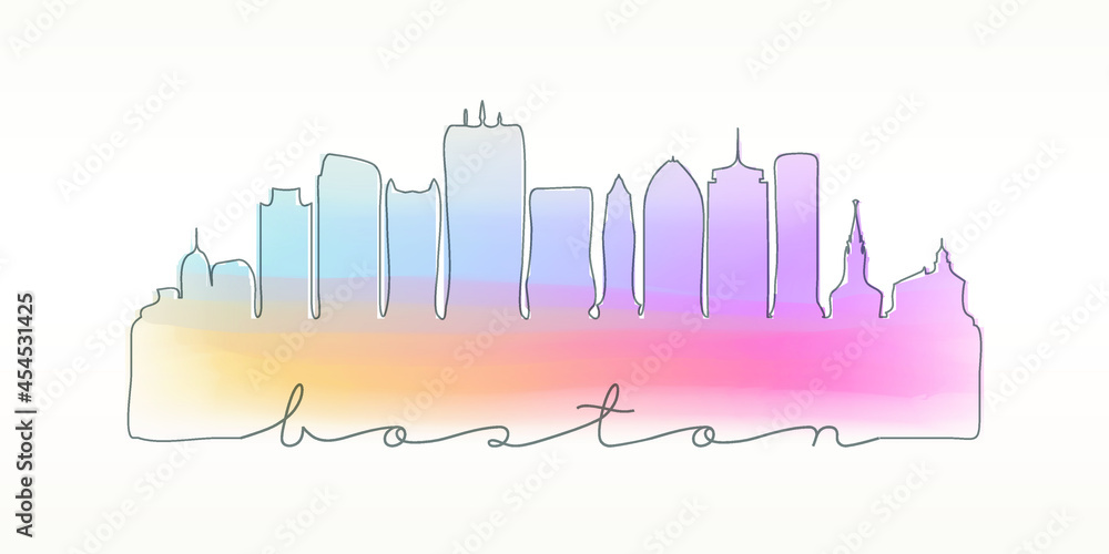 Boston, MA, USA Skyline Watercolor City Illustration. Famous Buildings ...