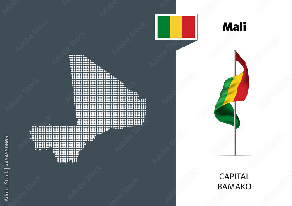 Flag of Mali on white background. Dotted map of Mali with Capital name ...
