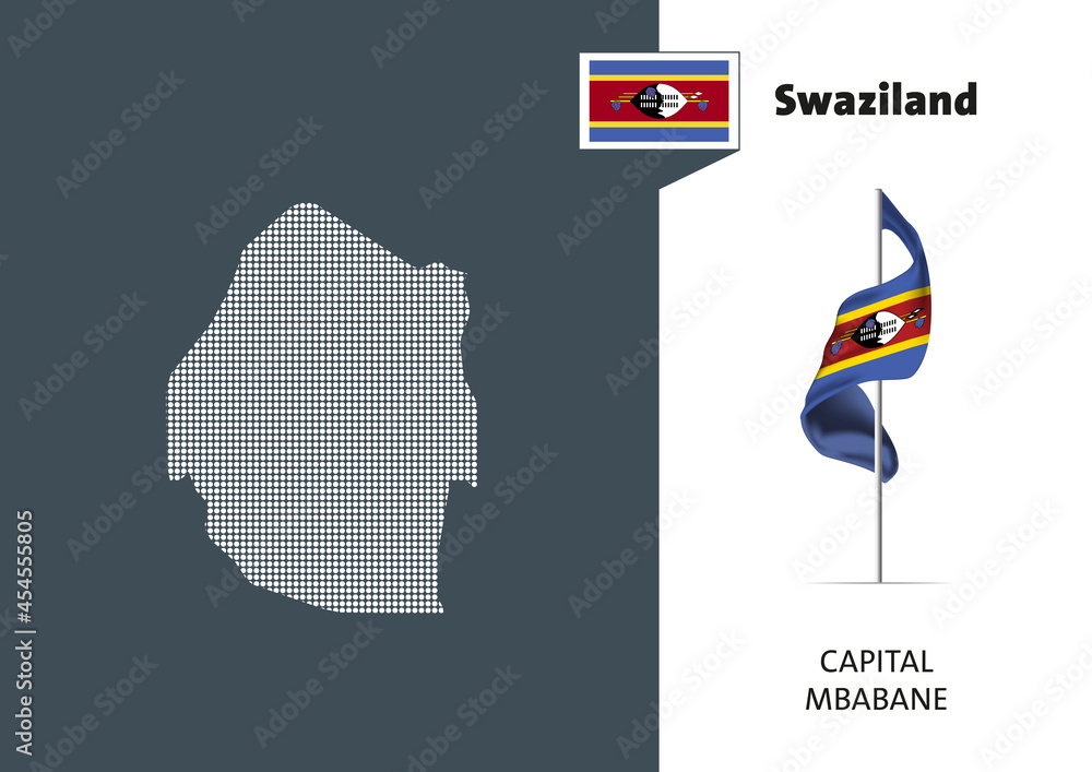 Flag of Swaziland on white background. Dotted map of Swaziland with ...