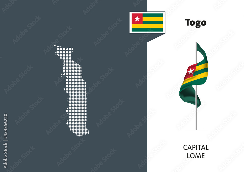 Flag of Togo on white background. Dotted map of Togo with Capital name ...