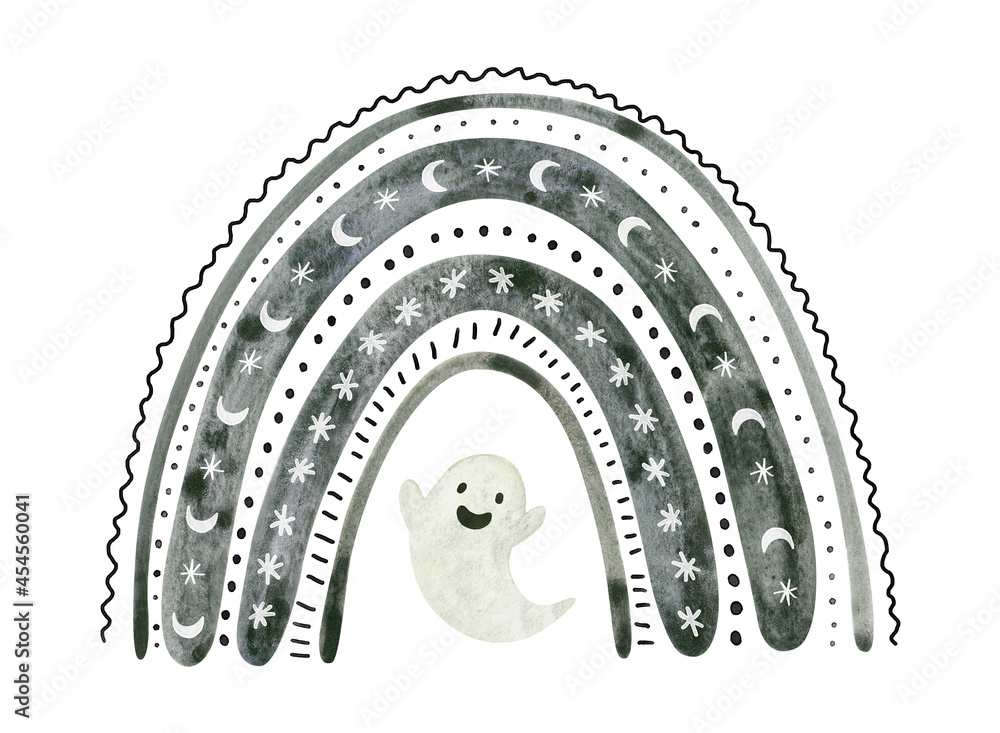Black Halloween rainbow with baby ghost. Cute watercolor illustration ...