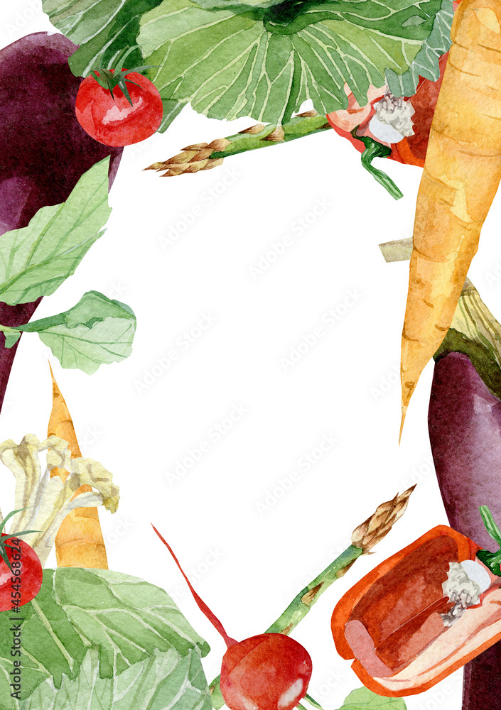 Watercolor vegetables frame border with radish, carrot, asparagus ...