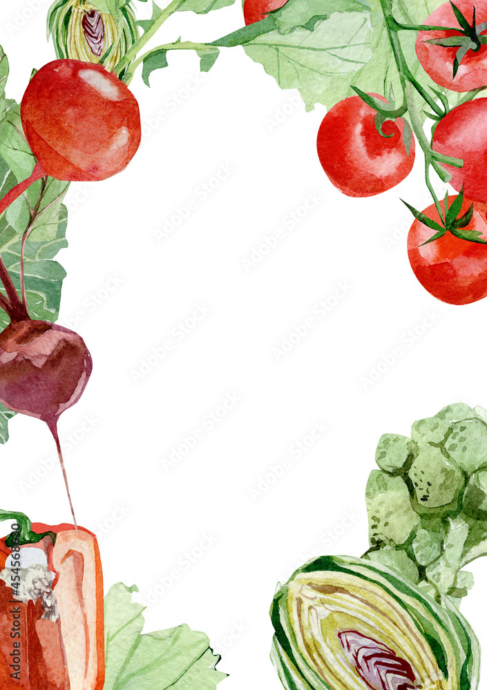 Watercolor vegetables frame border with radish, tomato, beet. Hand ...