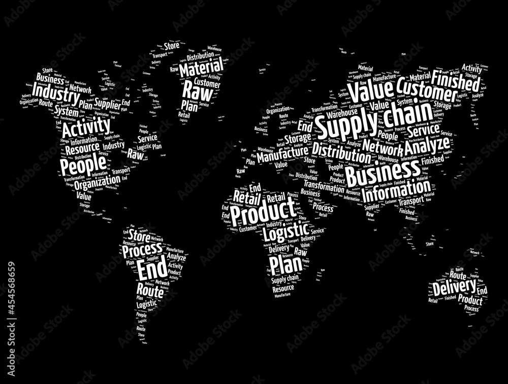 Supply chain word cloud in shape of world map, business concept ...