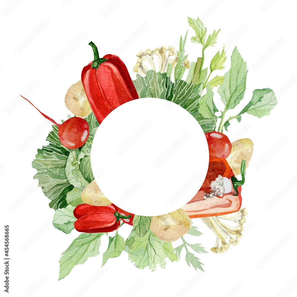 Watercolor vegetables round frame border with bell pepper and radish ...