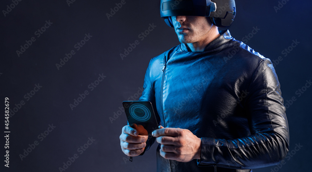 Progress bar loading. Man with futuristic tablet in hand. Guy using VR ...