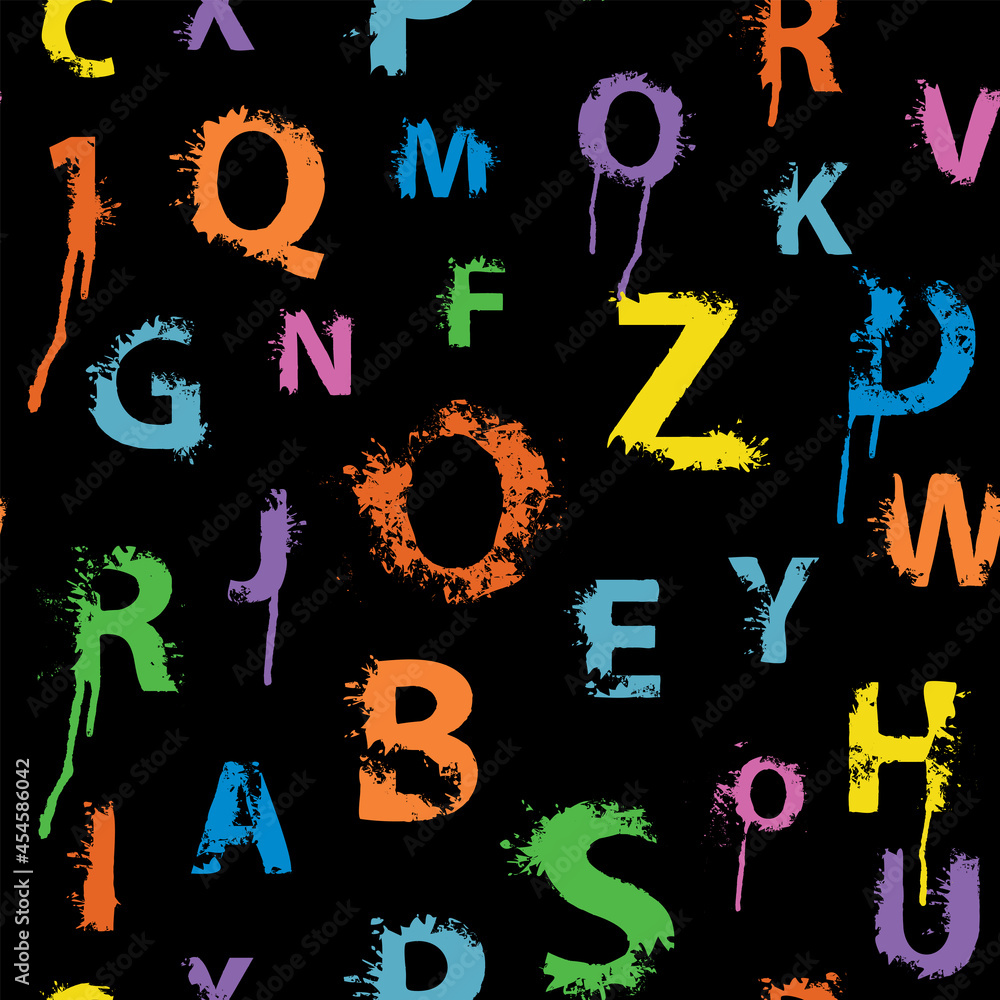 Cute seamless pattern with alphabet letters in form of colored paint ...
