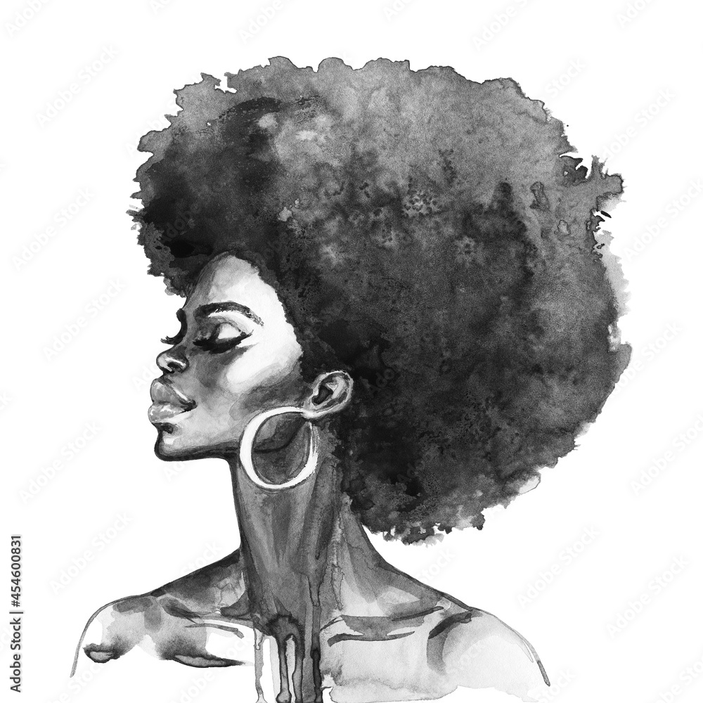 Watercolor curly african woman. Hand drawn portrait of pretty lady on ...
