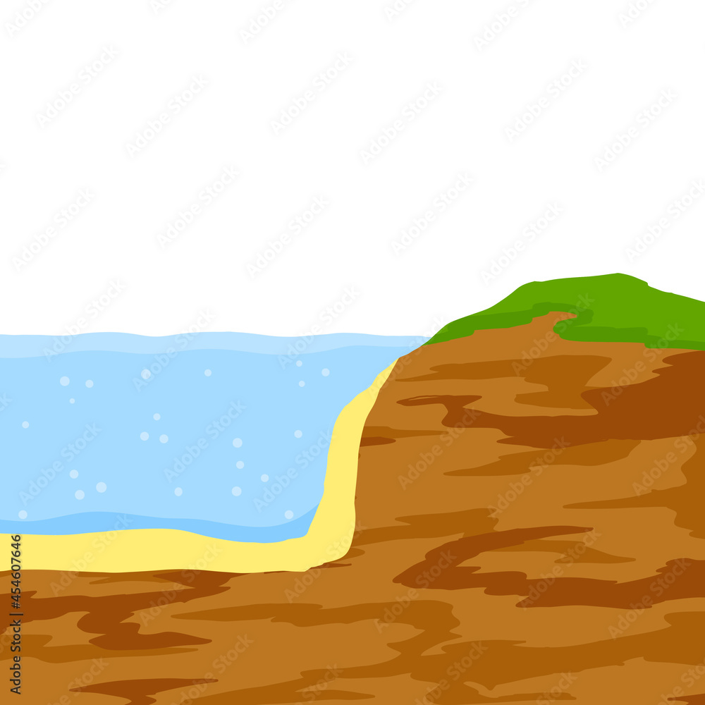 Water shore. Land in cross section. Coast of pond and bottom of lake ...