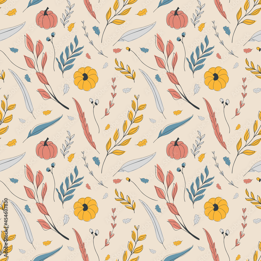 Vector seamless autumn pattern of orange, red, blue, and grey elements ...