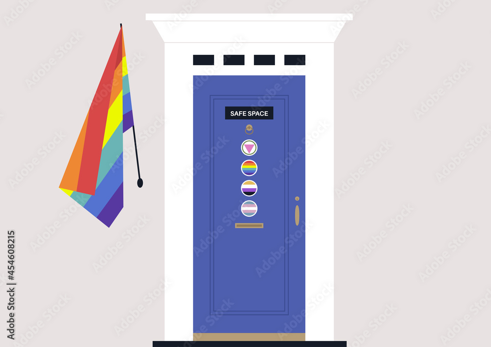 LGBTQ friendly safe space, a door with colorful stickers, queer ...