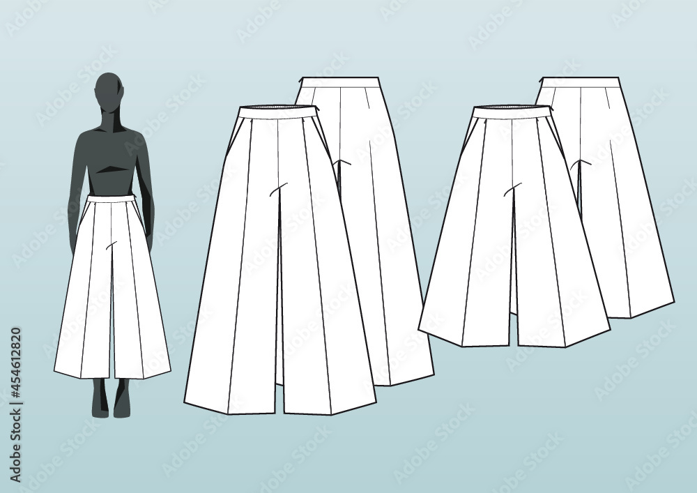 CULOTTES, WIDE LEG, HIGH RISE. Fashion design technical flat sketch ...