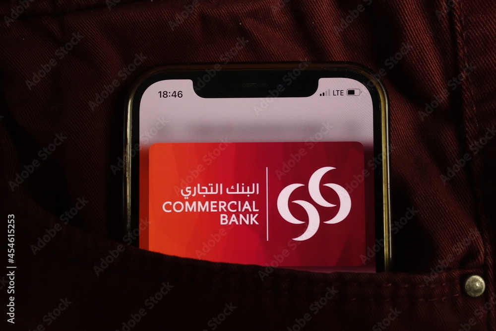 KONSKIE, POLAND - August 17, 2021: Commercial Bank of Qatar logo on ...