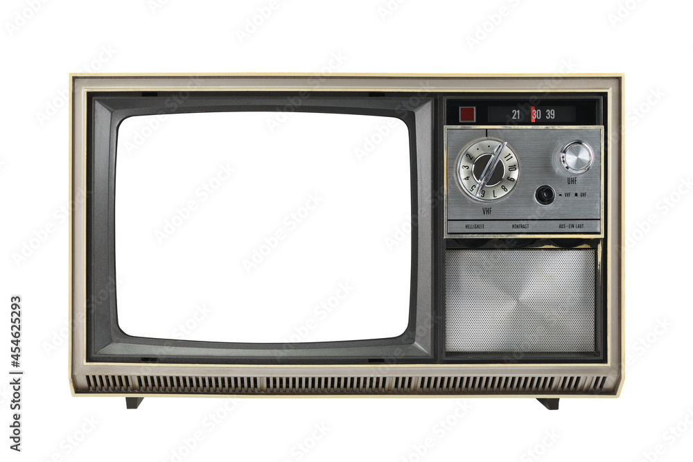Old 1970s TV with white screen isolated on white background. Vintage ...