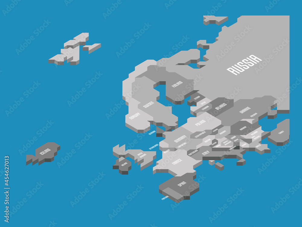 Isometric political map of Europe. Grey land with country name labels ...