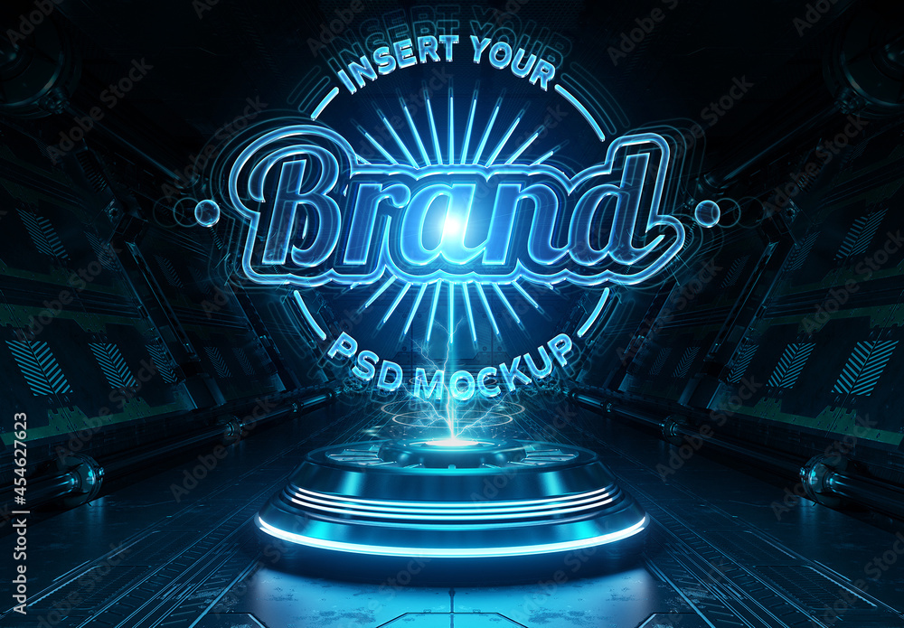 Neon Style Logo Projector in Futuristic Interior Mockup Stock Template ...