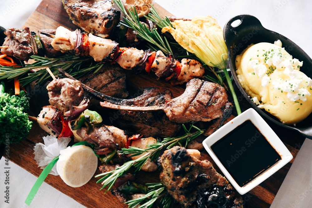 meat, kebabs, platter, Greek, food, dinner Stock Photo | Adobe Stock