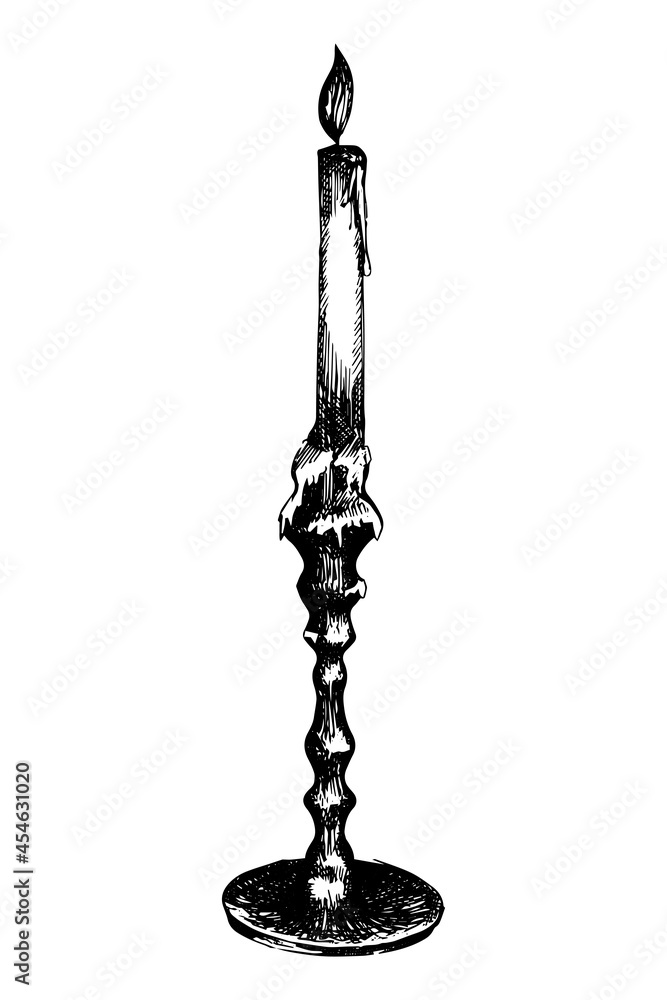 Candle with fire. vector illustration ink on white background sketch ...