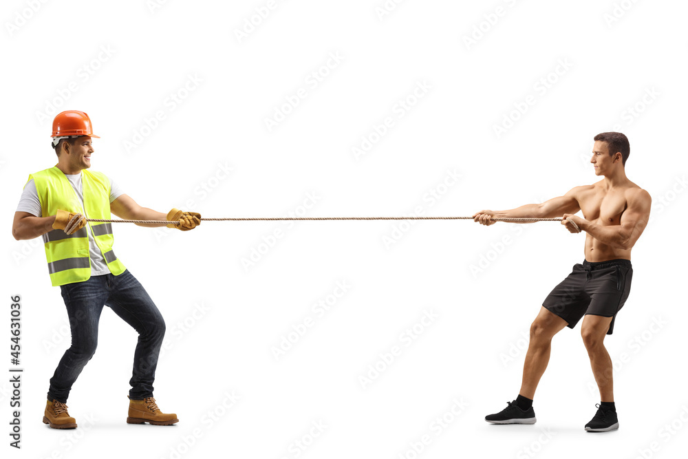 Full length profile shot of a construction worker and a bodybuilder ...