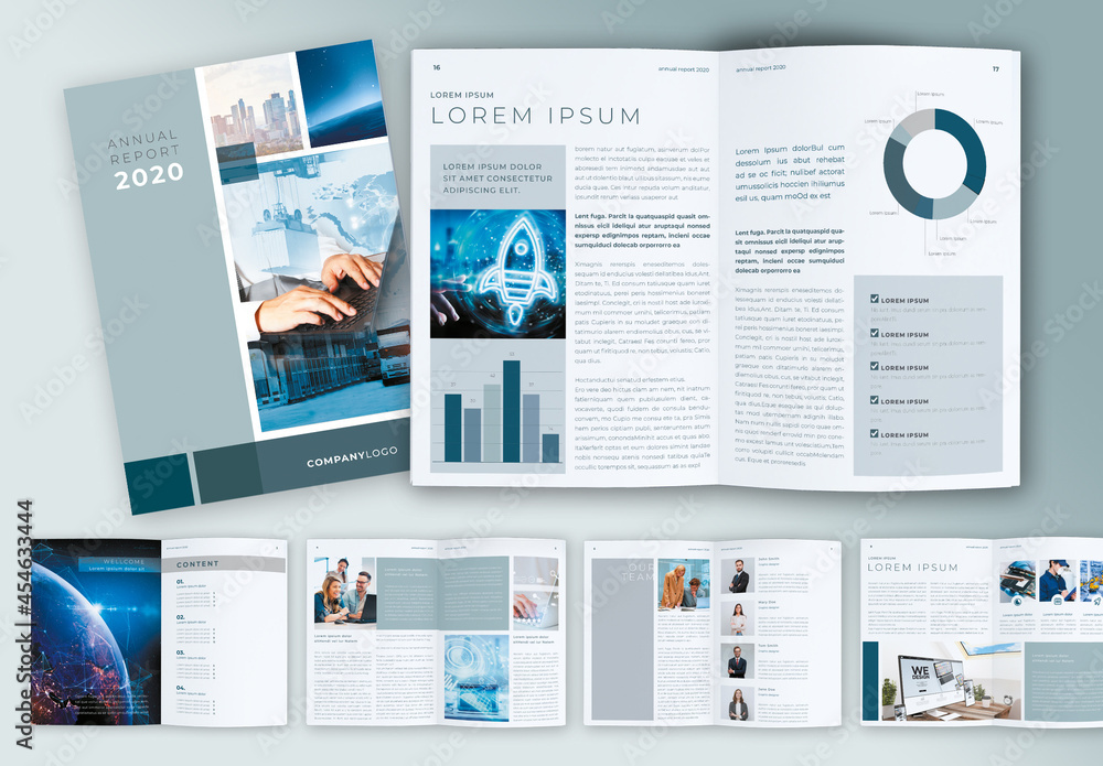 Multipurpose Grey and Blue Annual Report Stock Template | Adobe Stock