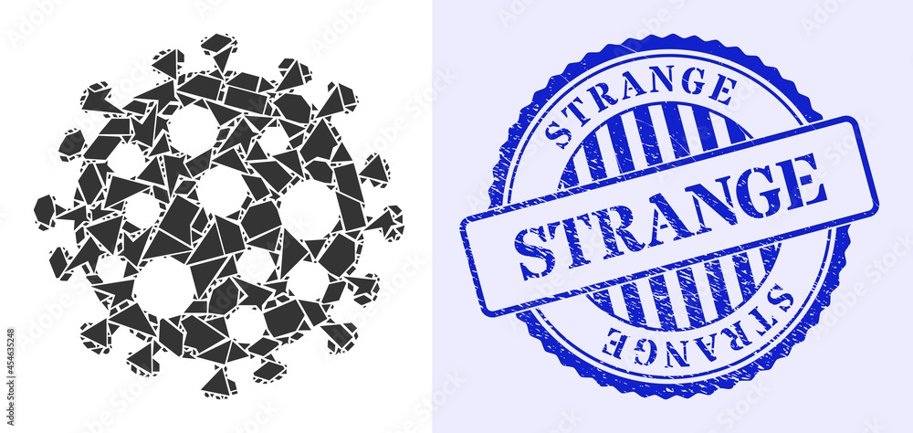 Fraction mosaic virus cell icon, and blue round STRANGE rubber stamp ...