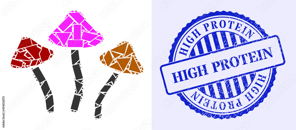 Shatter mosaic psychedelic mushrooms icon, and blue round HIGH PROTEIN ...