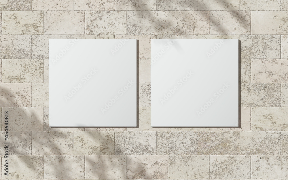 Two white squares on brick wall. 3D render white square mock up. 3D ...