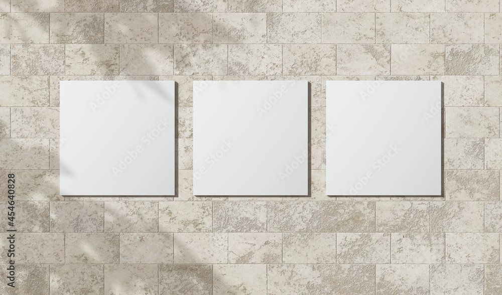 Three white squares on brick wall. 3D render white square mock up. 3D ...