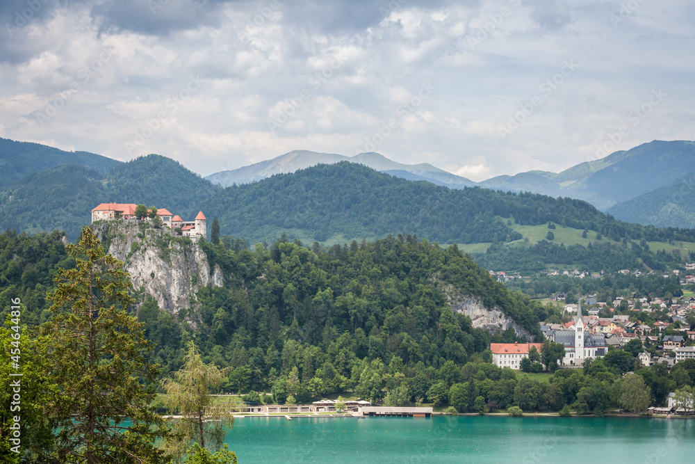 Panorama of the Bled lake, Blejsko Jezero, with its castle, Blejski ...