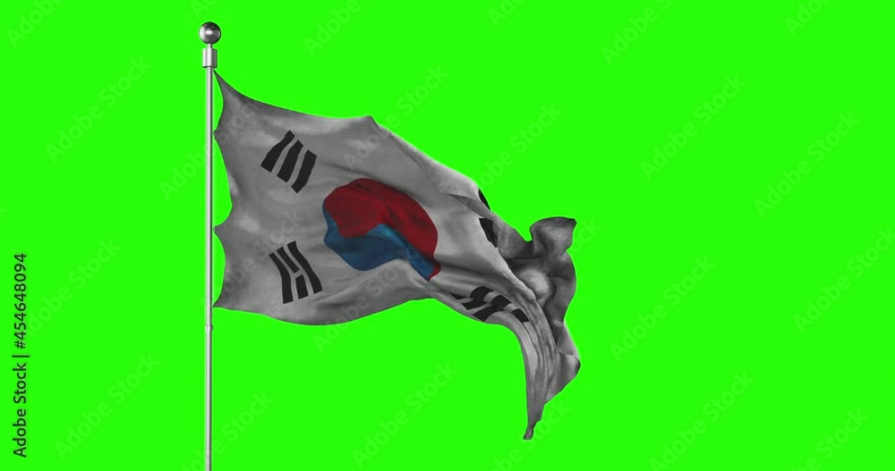 South Korea national flag waving on green screen. Chroma key animation ...