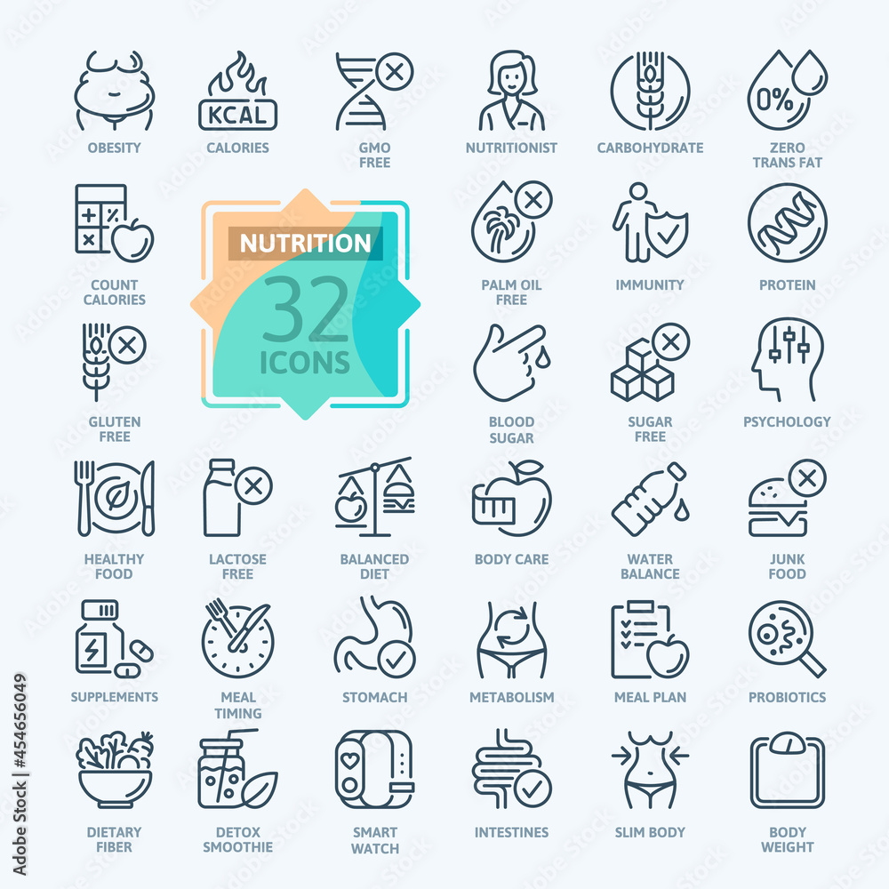 Web Set of Nutrition, Healthy food and Detox Diet Vector Icons ...