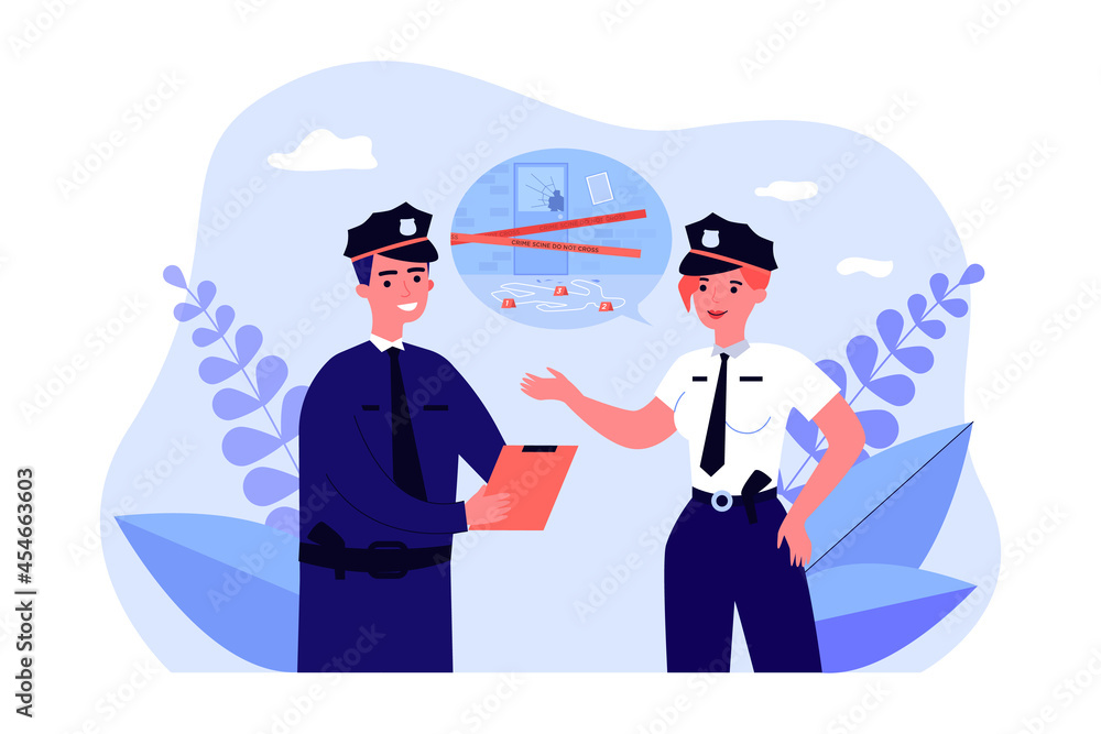 Police officers discussing details of case. Flat vector illustration ...