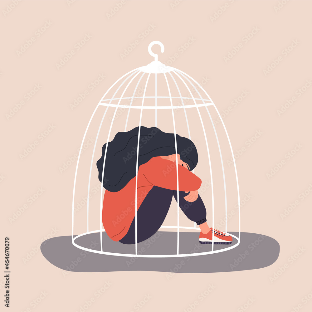 Woman locked in cage. Sad girl needs psychological help. Social ...