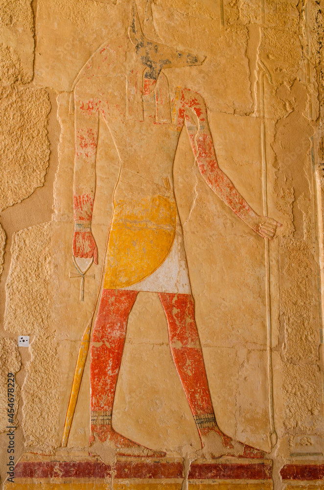 Anubis fresco in the funeral temple of Hatshepsut, Egypt Stock Photo ...