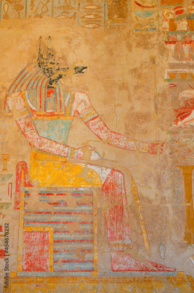 Anubis fresco in the funeral temple of Hatshepsut, Egypt Stock Photo ...