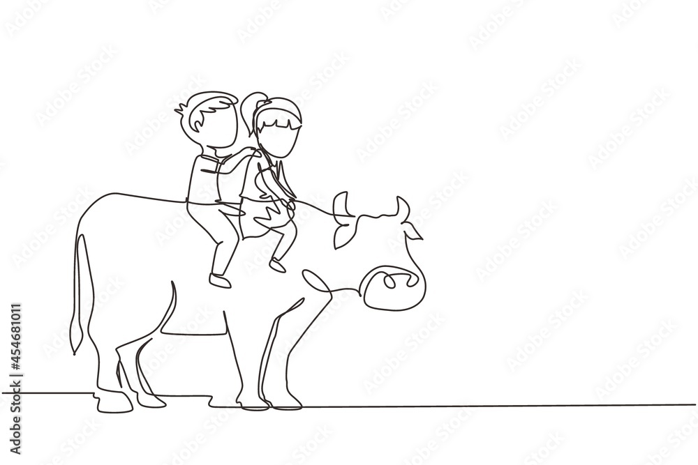 Single one line drawing happy little boy and girl riding cow together ...
