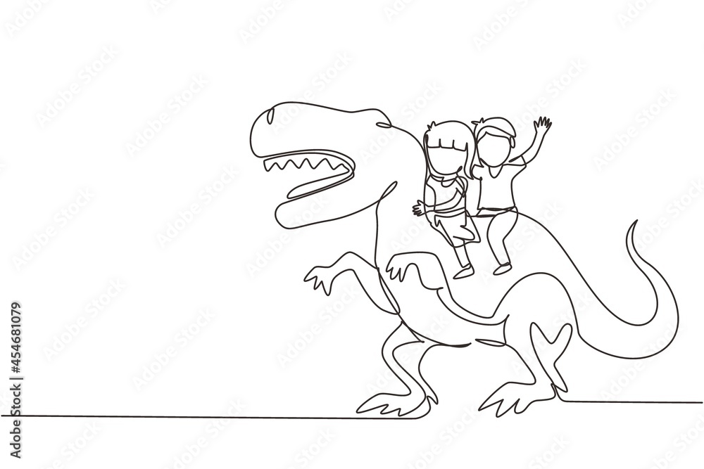 Continuous one line drawing boy and girl caveman riding t-rex ...