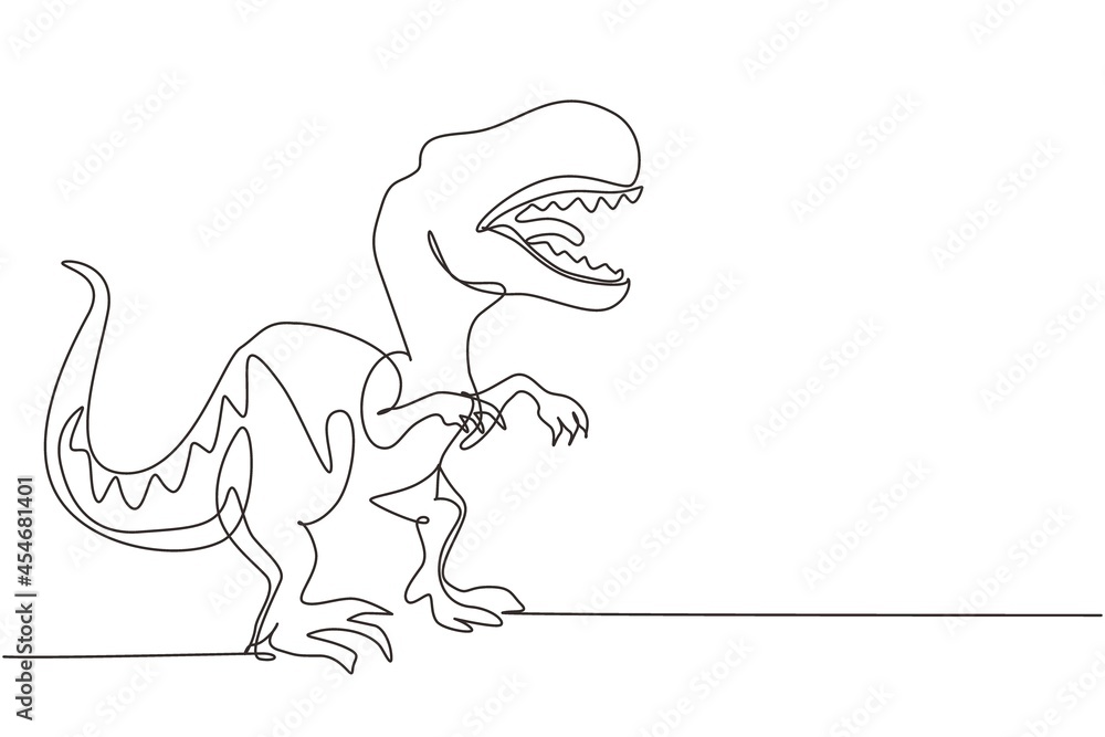 Single one line drawing tyrannosaurus rex. Roaring tyrannosaurus ...