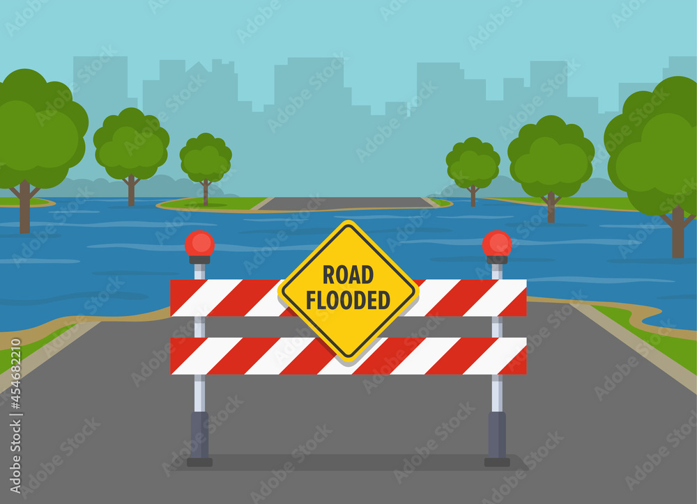 Flooded city road with warning sign and barrier. Flat vector ...