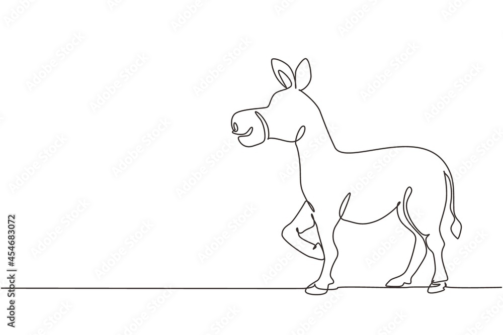 Single one line drawing donkey cute farm animal lift one front leg ...