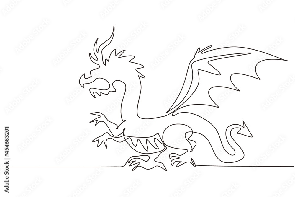 Continuous one line drawing fairy dragons. Funny fairytale dragon ...