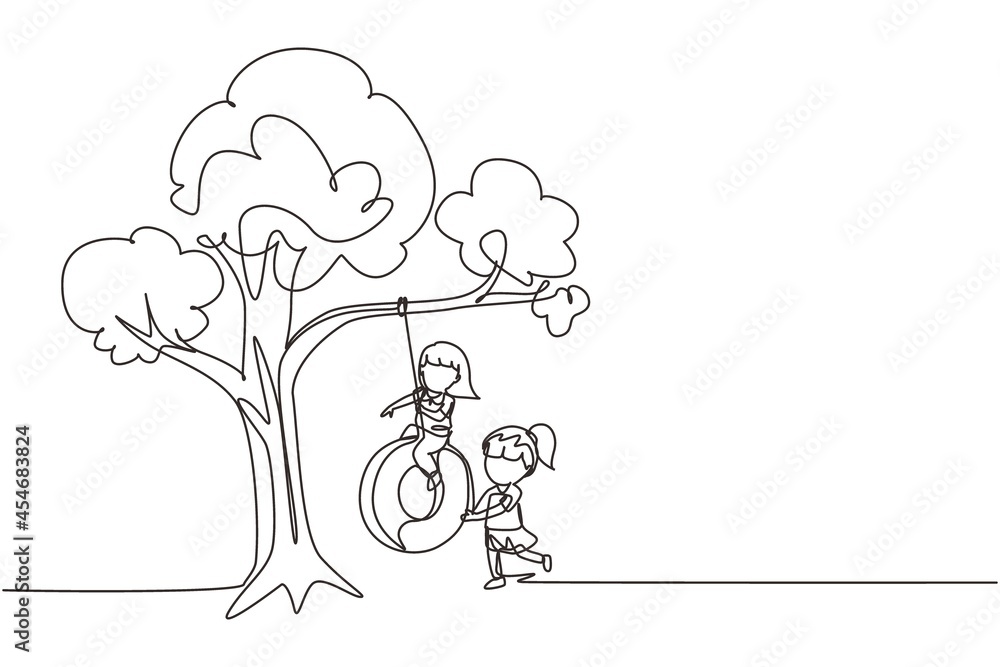 Single one line drawing happy two girls playing tire swing under tree ...