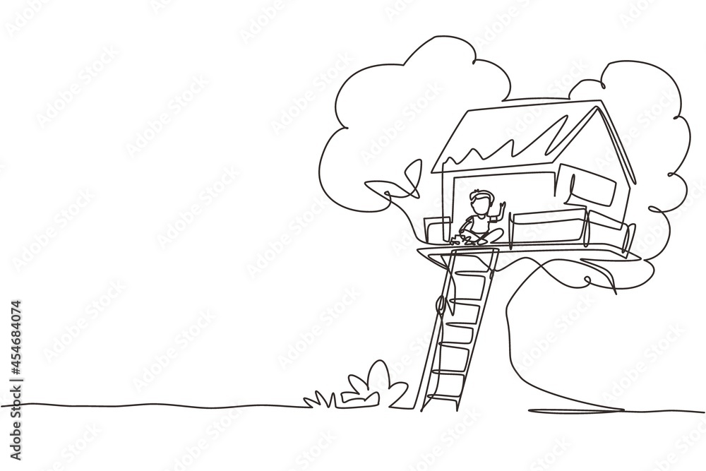 Continuous one line drawing child on tree house, little boy playing on ...