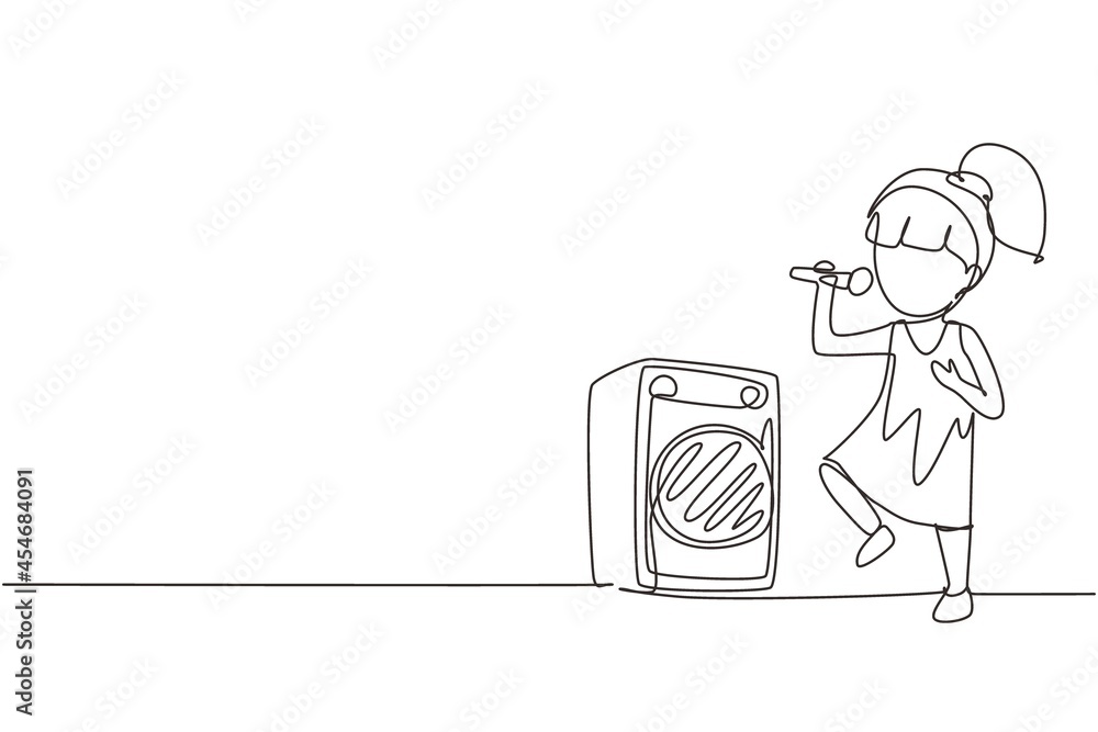 Continuous one line drawing happy cute little kid girl sing a song ...