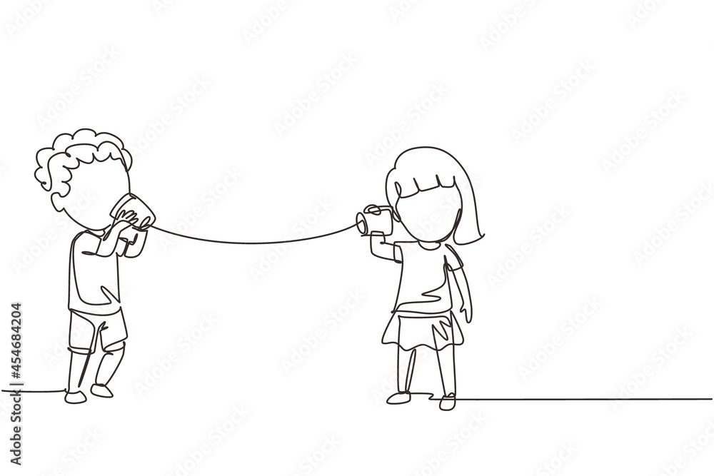 Continuous one line drawing boy and girl play toy phone. Two friends ...