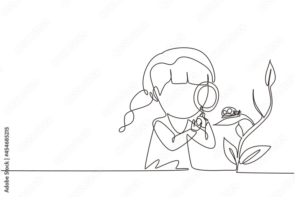 Vecteur Stock Single one line drawing little girl using magnifying ...