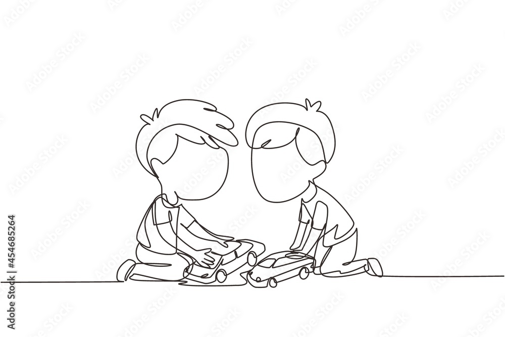 Single one line drawing two cute boys playing with their toys cars. Boy ...