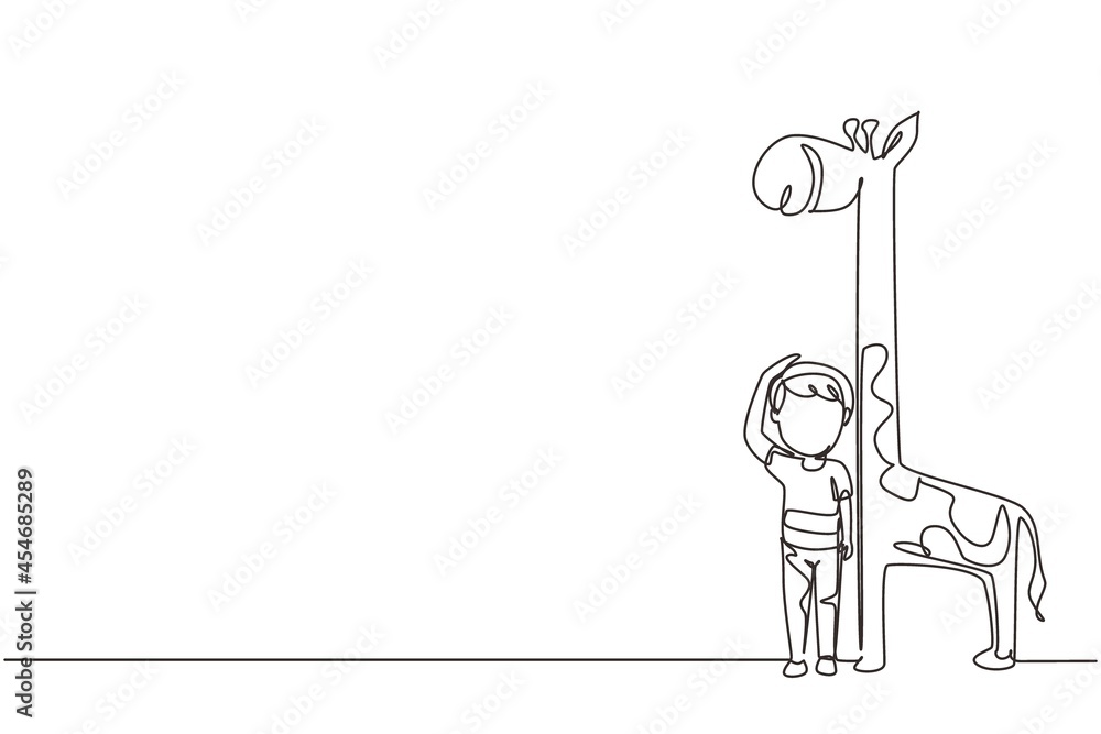 Single continuous line drawing little boy measuring his height with ...