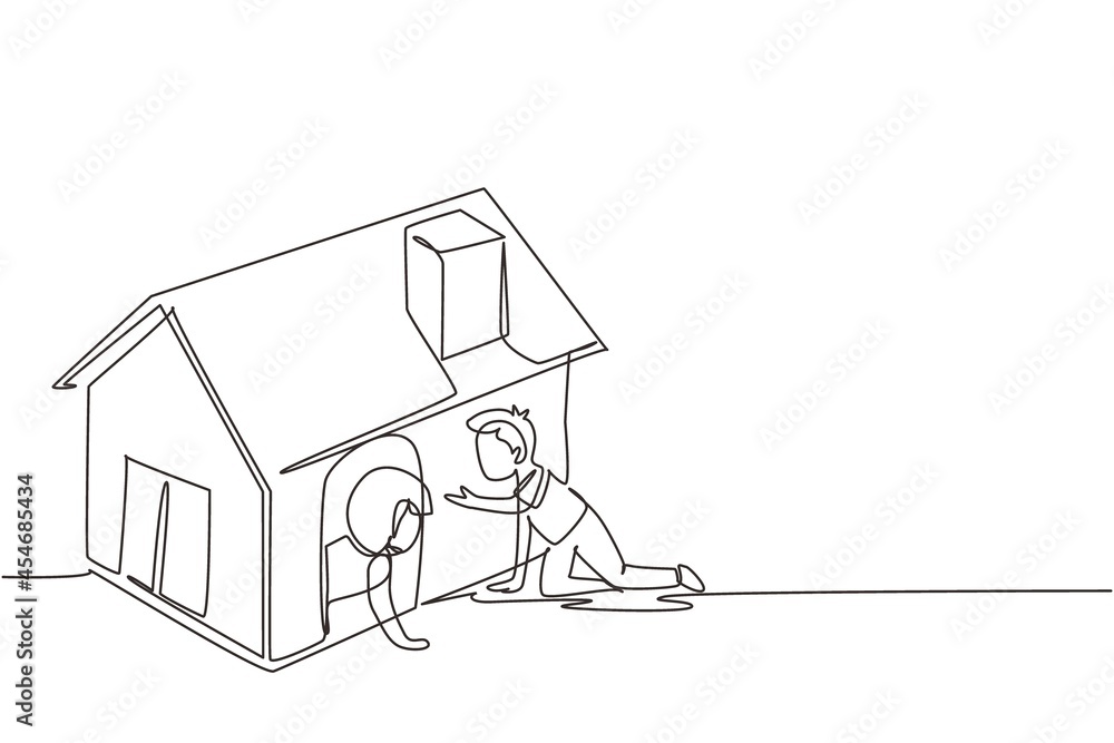 Continuous one line drawing kids playing cardboard box toy house ...